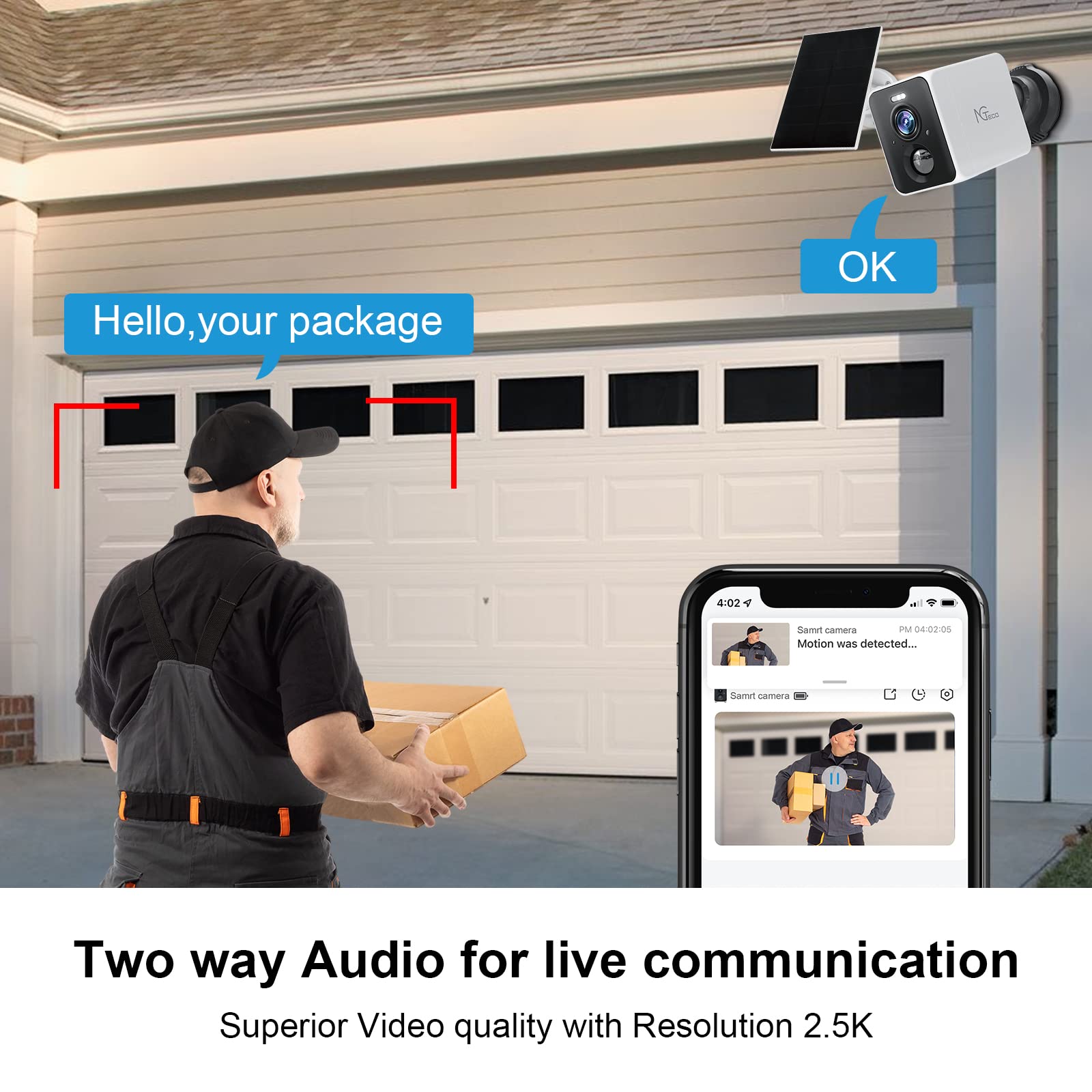 NGTeco Solar Camera Security Outdoor 2.5K FHD, 4MP Security Cameras Wireless Outdoor with PIR Motion Detection, 30 Days Free Cloud Storage, 2-Way Talk, IP65 Waterproof, Compatible with Alexa