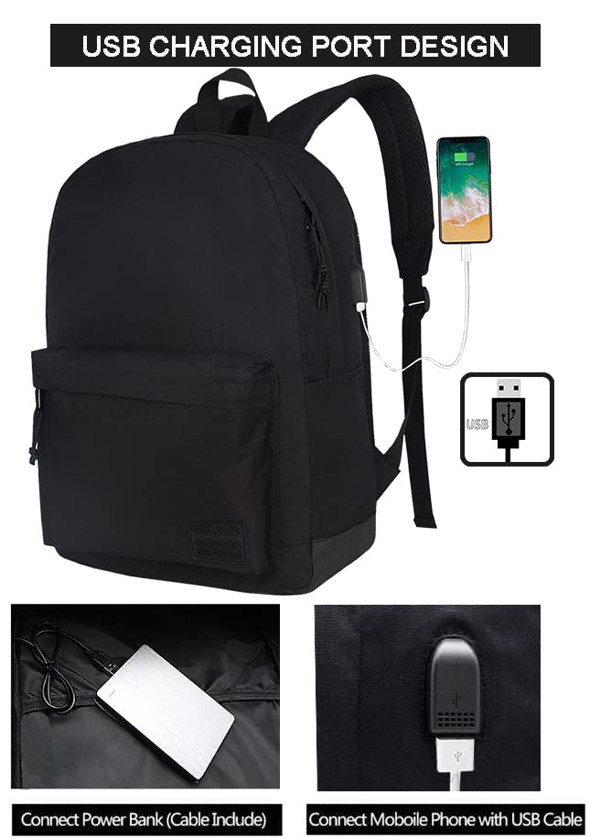 SUPACOOL Lightweight Casual Laptop Backpack with USB Charging Port and Set of 8 Black Travel Mesh Organizer Bags