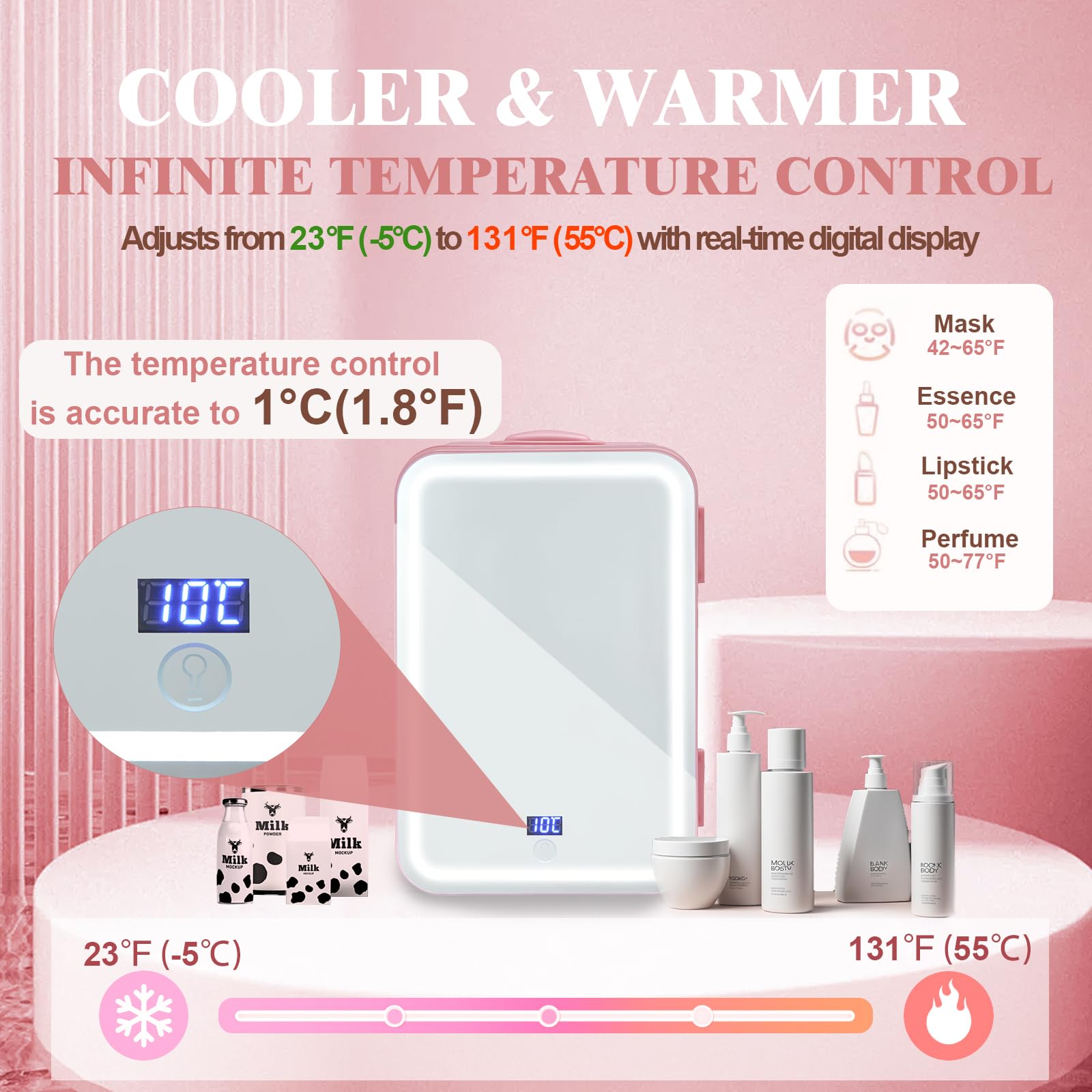 PIQUEBAR Skincare Fridge 4L, Mini Makeup Cosmetic Fridge with Mirror Dimmable Light, Small Refrigerator for Bedroom Office Cooler & Warmer, White