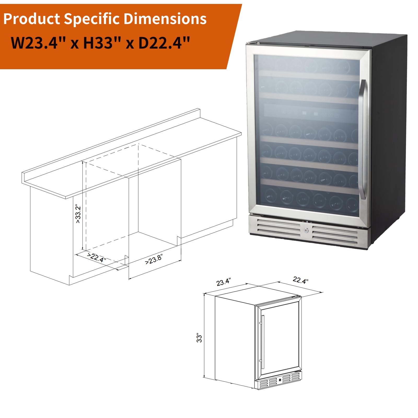 Towallmark 24 Inch Wine Cooler Refrigerator-46 Bottle, Dual Zone Seamless Stainless Steel Built-in Freestanding Wine Fridge, Double-Layer Tempered Glass Door with Lock, Under Counter Wine Cellar