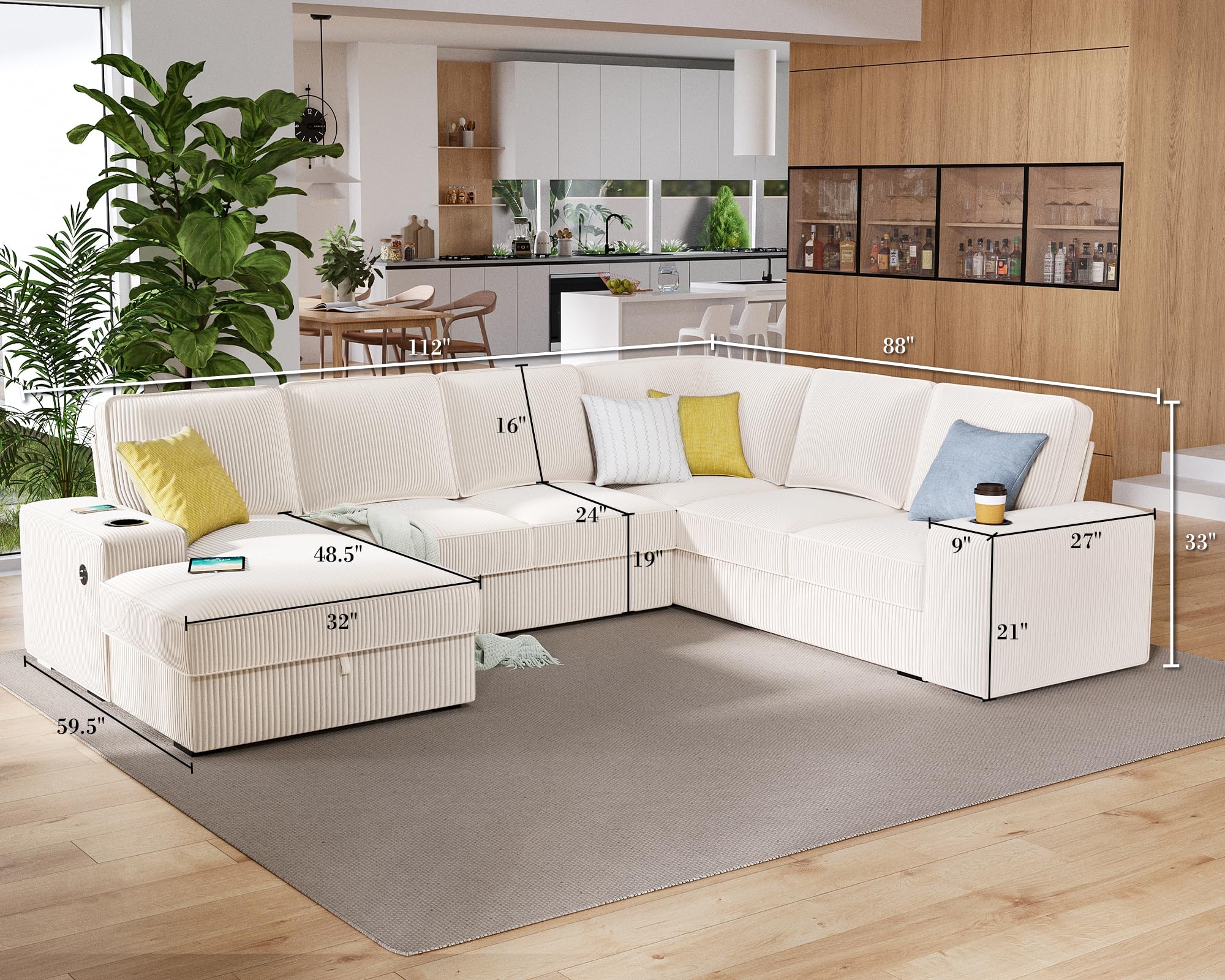 PaPaJet 112 inch Sectional Sofa, Oversized Sofa with Storage Chaise, U Shaped Sofa Couch with USB Ports, Corduroy Couch—Grey