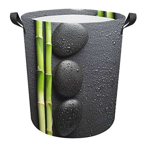 Oyihfvs Black Zen Basalt Stones with Dew Green Bamboo on Dark Collapsible Waterproof Laundry Hamper with Handles, Tall Washing Storage Large Organizer Round Basket Bin for Toys Clothes