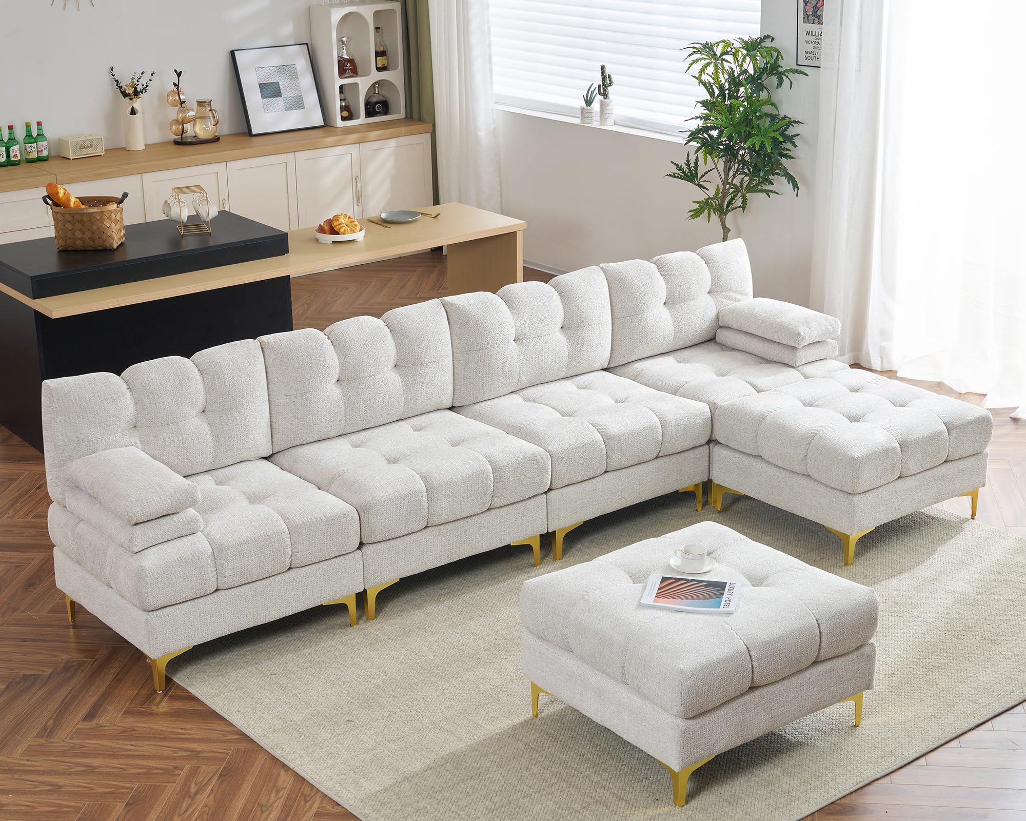 PaPaJet 124 Inch Sectional Sofa, 6 Seater Modular Sectional Couch with Metal Legs, U Shaped Sofa Couch for Living Room, Beige Chenille