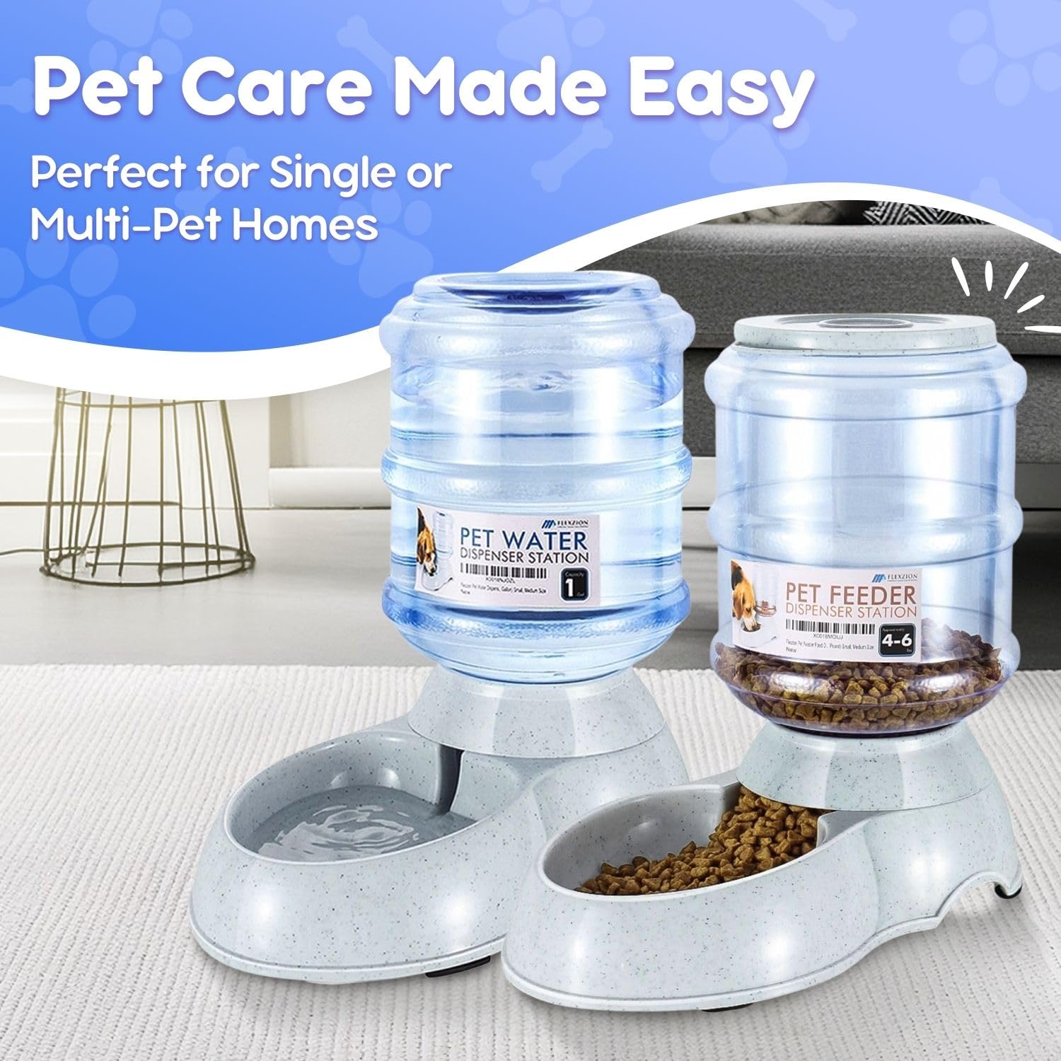 Flexzion Automatic Pet Feeder & Waterer Set of 2 Pack, Self Feeding Replenish Dog Cat Bowls, Gravity Food & Water Storage Container Fountain Jug Pet Supplies Plastic Skid Proof Rubber Feet (1 Gallon)