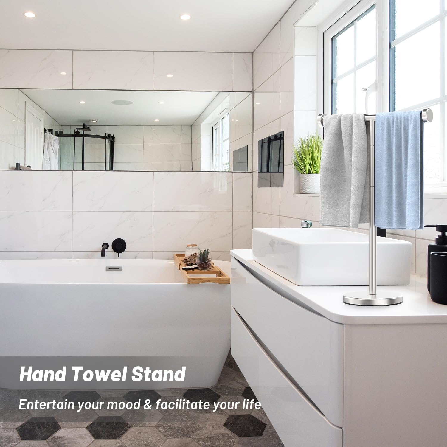 VEHHE T-Shape Hand Towel Holder for Bathroom, Height Adjustable Hand Towel Stand, SUS304 Stainless Steel Towel Holder Stand Non-Slip for Adults, Children(Silver)