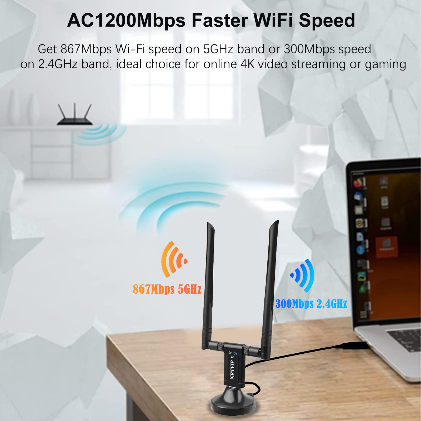 NETVIP USB WiFi Adapter for PC, 1200Mbps Wireless Network Adapter with 2 * 5dBi High Gain Antennas and USB 3.0 Cradle, Dual Band 2.4GHz 5GHz WiFi Dongle for Windows 11/10/7/8/8.1/XP/Mac OS 10.9-10.15