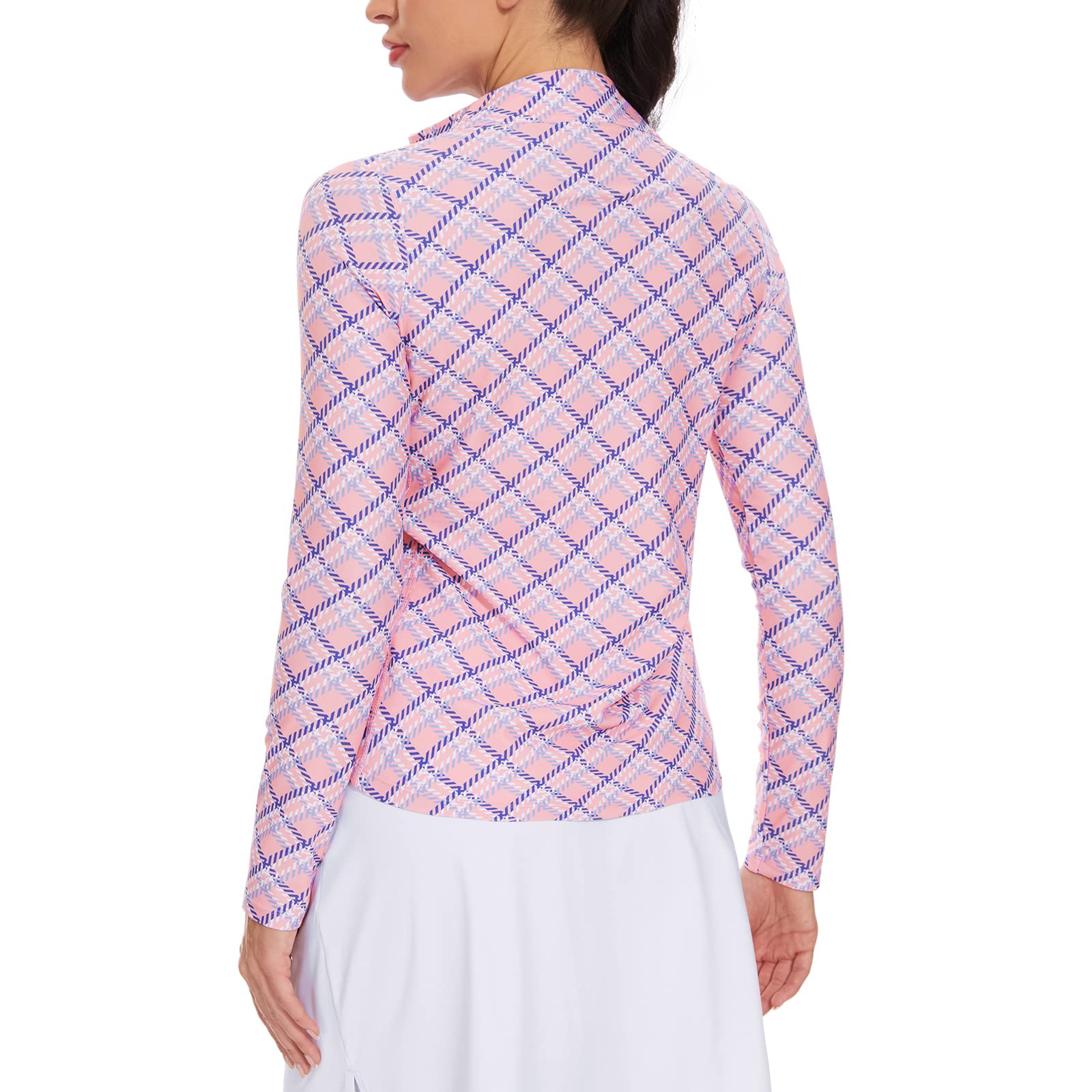 M MOTEEPI Womens Golf Shirt Long Sleeve Athletic Workout Tops for Women Quarter Zip Pullover Polo with Pocket Pink Plaid Small