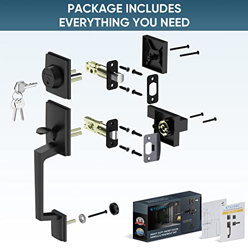 TICONN Front Door Handle Set, Heavy Duty Square Door Lever & Single Cylinder Deadbolt Combo Reversible for Entrance Exterior Doors (Matte Black)