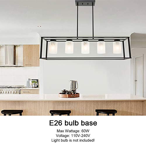 VINLUZ 5 Light Kitchen Island Chandeliers Farmhouse Black Linear Dining Rooms Lighting Fixtures Hanging with White Alabaster Glass Shade Rectangle Modern Industrial Pendant Ceiling Lights