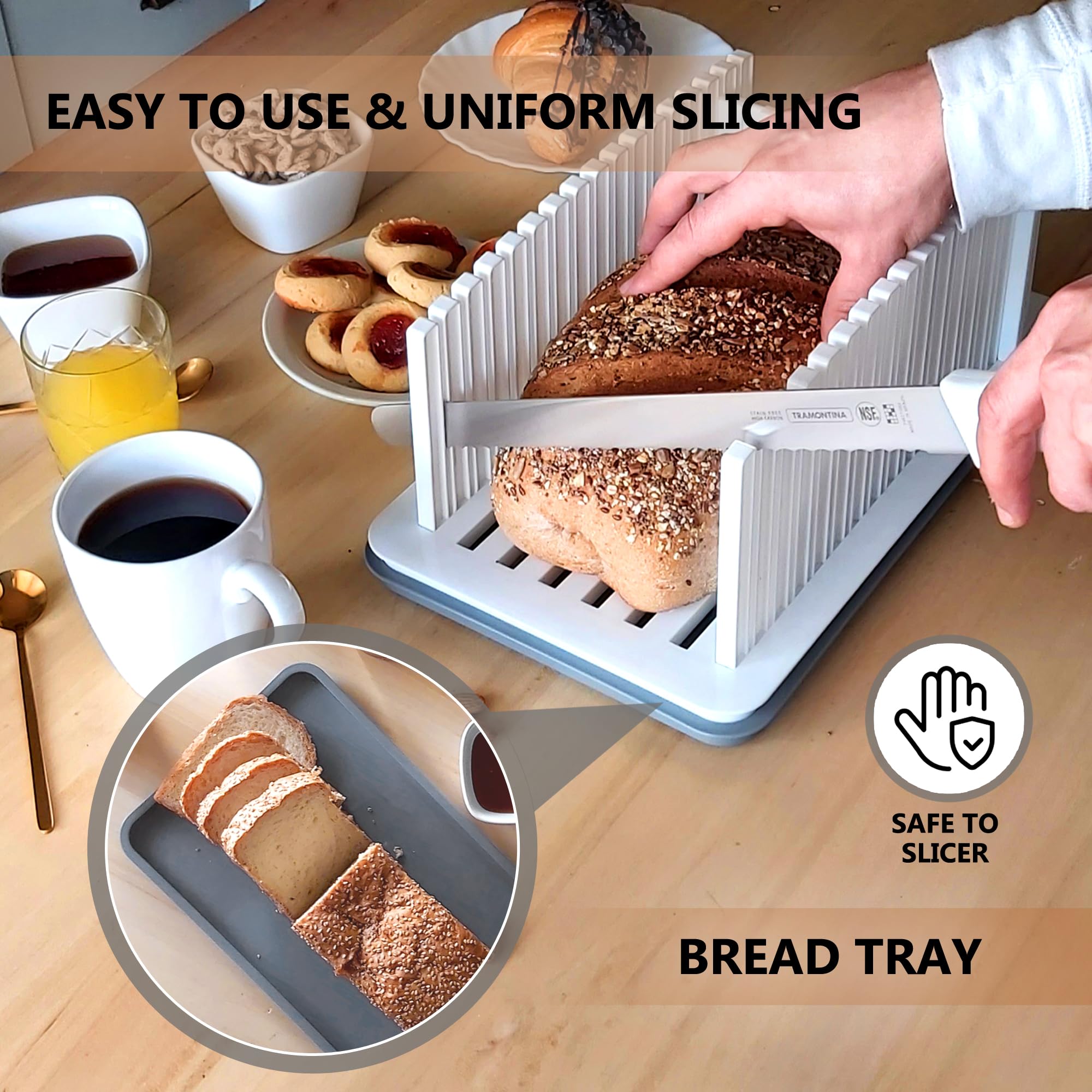 PLENTY HOUSE. Bread slicer for homemade bread. Manual bread slicing guide with adjustable with adjustable width, foldable, compact and with crumb tray. Ideal for sourdough bread, baguettes and bagels.