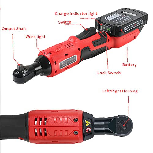 MANUSAGE 3/8" 20V Cordless Electric Ratchet Wrench, 44.25 Ft-lbs,380RPM, with 2 x 2.0A rechargeable lithium ion batteries,Charger and 20V Lithium-Ion LED work light