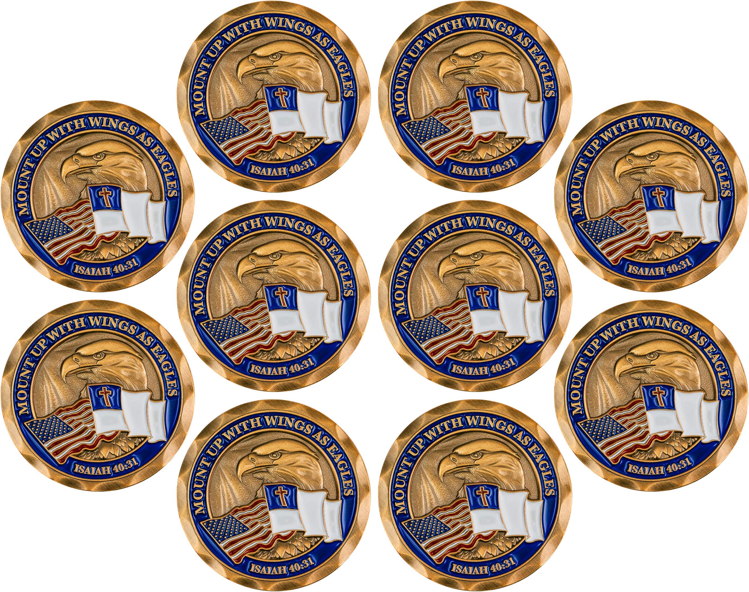 Mount Up with Wings as Eagles, Bulk Pack of 10 Christian Coin Tokens, Collectible Religious American Flag Military Challenge Coin Souvenir, Antique Gold-Color Plated Bald Eagle Gift, Isaiah 40:33