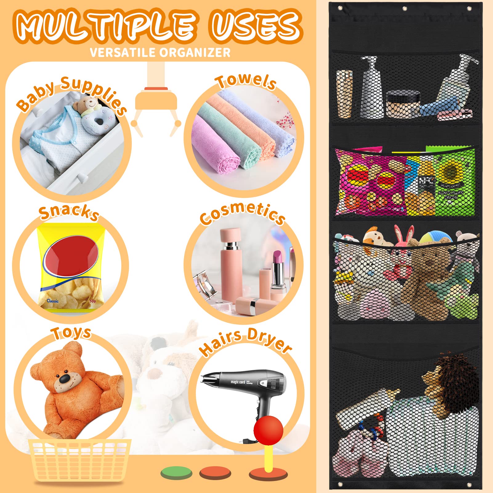 Over The Door Stuffed Animal Storage, Msoesticc.dl Hanging Stuff Animal Organizer with 4 Breathable Large Pockets Eassy Access Toy Storage for Kids Room Bathroom Nursery