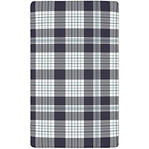 Plaid Themed Fitted Mini Crib Sheets,Portable Mini Crib Sheets Soft Toddler Mattress Sheet Fitted-Great for Boy or Girl Room or Nursery,24β x38β,Indigo White and Pale Taupe