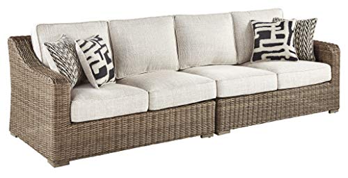 Signature Design by Ashley Beachcroft Outdoor Left & Right Arm Facing Wicker Patio Loveseats, Brown & Beige & Beachcroft Wicker Arm Chair with Cushion, 2 Count, Brown