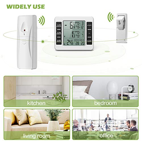 KeeKit Refrigerator Thermometer, Indoor Outdoor Thermometer with 2 Sensors, Wireless Digital Freezer Thermometer with Audible Alarm Temperature Gauge, Min/Max Record for Home, Kitchen β White
