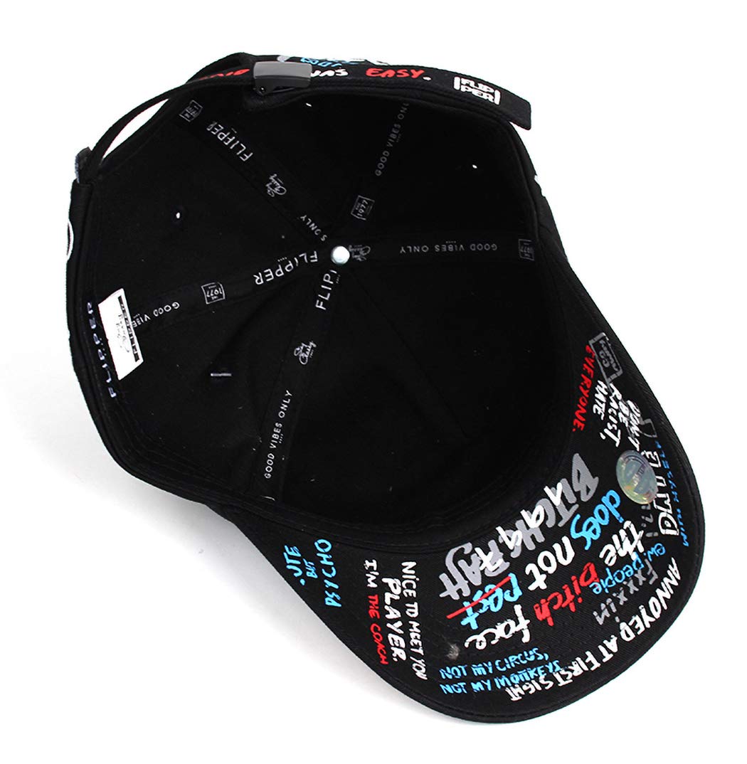 Flipper Designer Graffiti Doodle Cotton Baseball Cap for Men Women, Kpop Hat w/Curve Brim (White/Black, Free Size)