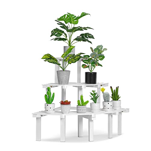 MoNiBloom 3 Tier Corner Stair Plant Stand, Bamboo Quarter Round Plant Display Holder Stair-Step Shelf Multifunctional Plant Support for Indoor Outdoor, White