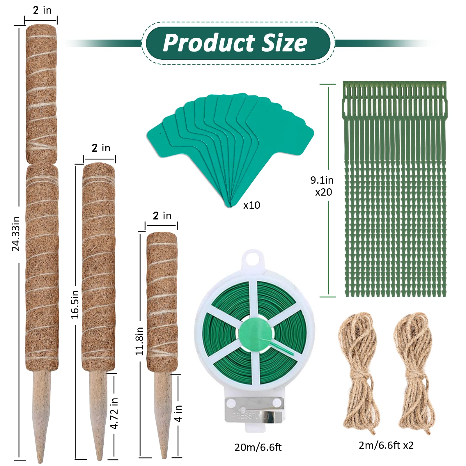 Moss Pole 90 inch 6 Pack Plant Moss Pole for Plants Monstera Pole 16.5" and 11.8", Coco Coir Totem Moss Pole for Indoor Climbing Plants Creepers to Grow Upwards,Plant Support, with Garden Ties Kit