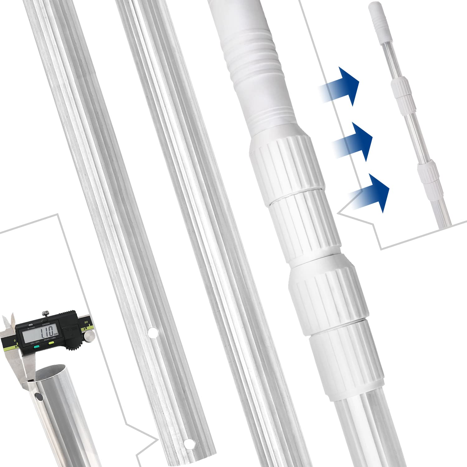 Polog 12FT Pool Pole Telescopic with Durable Buckle, Pool Extension Pole for Cleaning, 3-Section Adjustable Aluminum Pole for Pool Skimmer Net Leaf Rake Pool Brush Vacuum Head (12ft, Silver)