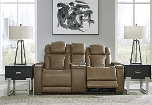 Signature Design by Ashley Strikefirst Contemporary Tufted Leather Power Reclining Loveseat with Console and Adjustable Headrest, Light Brown