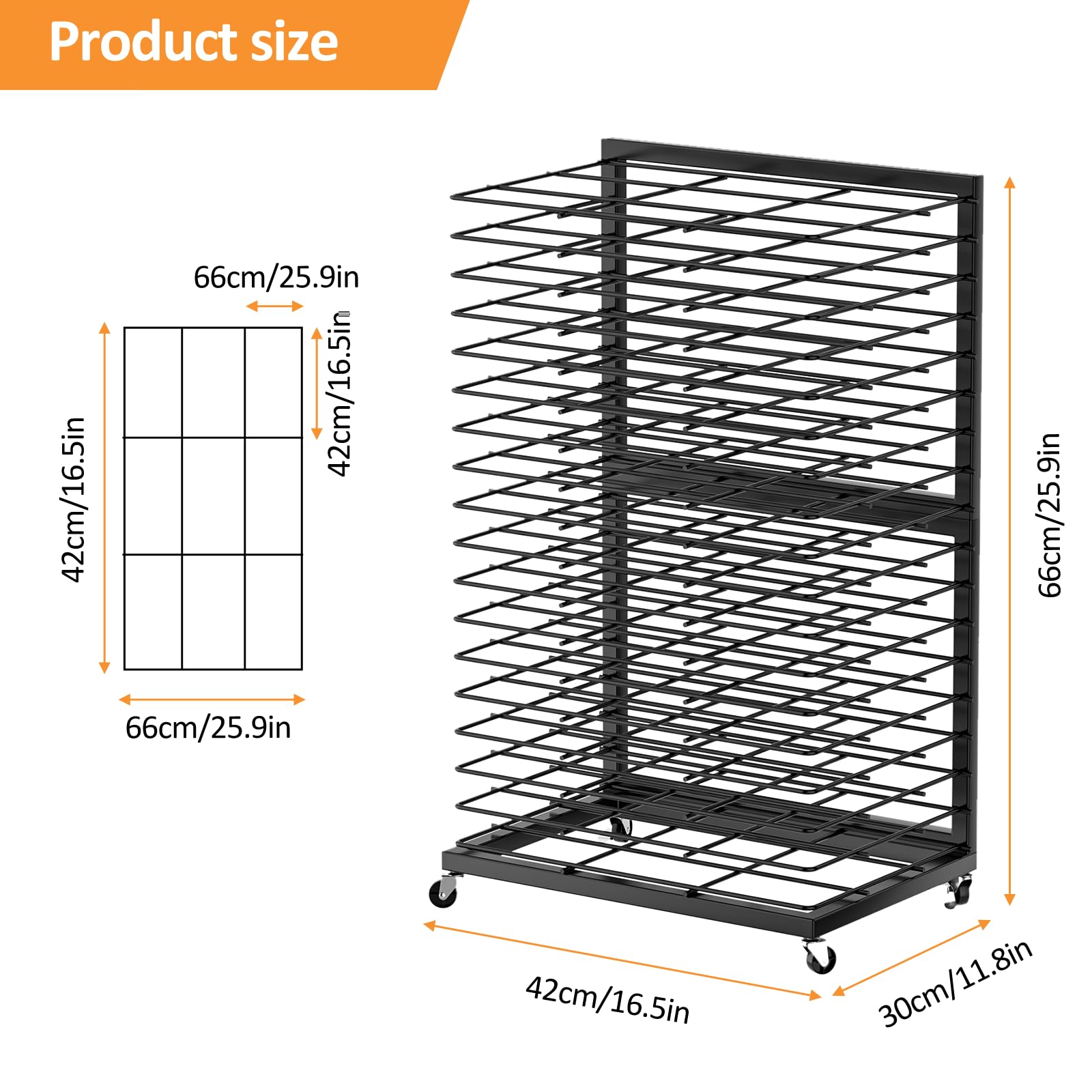 QKOSMTL Art Drying Rack for Painting, 18 Removable Shelves, Mobile Art Studio Display Rack, Sturdy Metal, Height 25.9", Shelves 11" x 16"