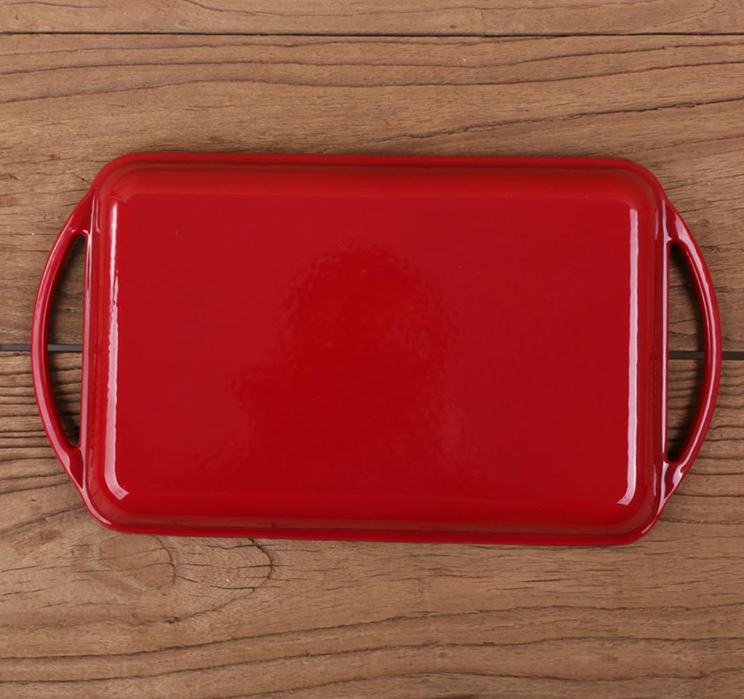 LI-GELISI Enameled Pre-Seasoned Cast Iron Double Handle Rectangle Grill Pan 15.8 inch, Red