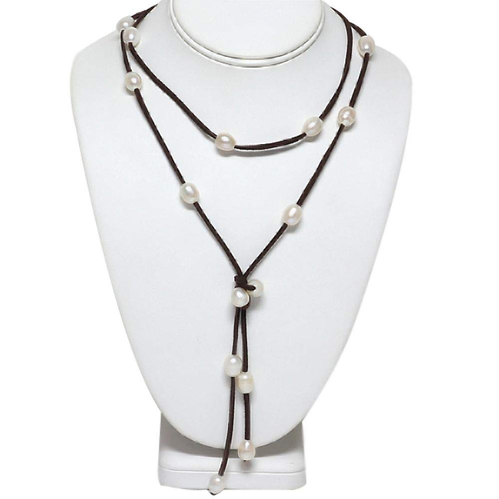 Gem Stone King 48 Inch White Cultured Freshwater Pearl on Brown Leather Wrap Bracelet For Women/Necklace