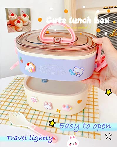 Paidideng Kawaii Bento Box Bento Lunch Box with Lunch Bag,Tableware,Biscuit bags,2 Layers Stacked Leakproof Cute Lunch Box,for Travel,Office,Gym. (purple)