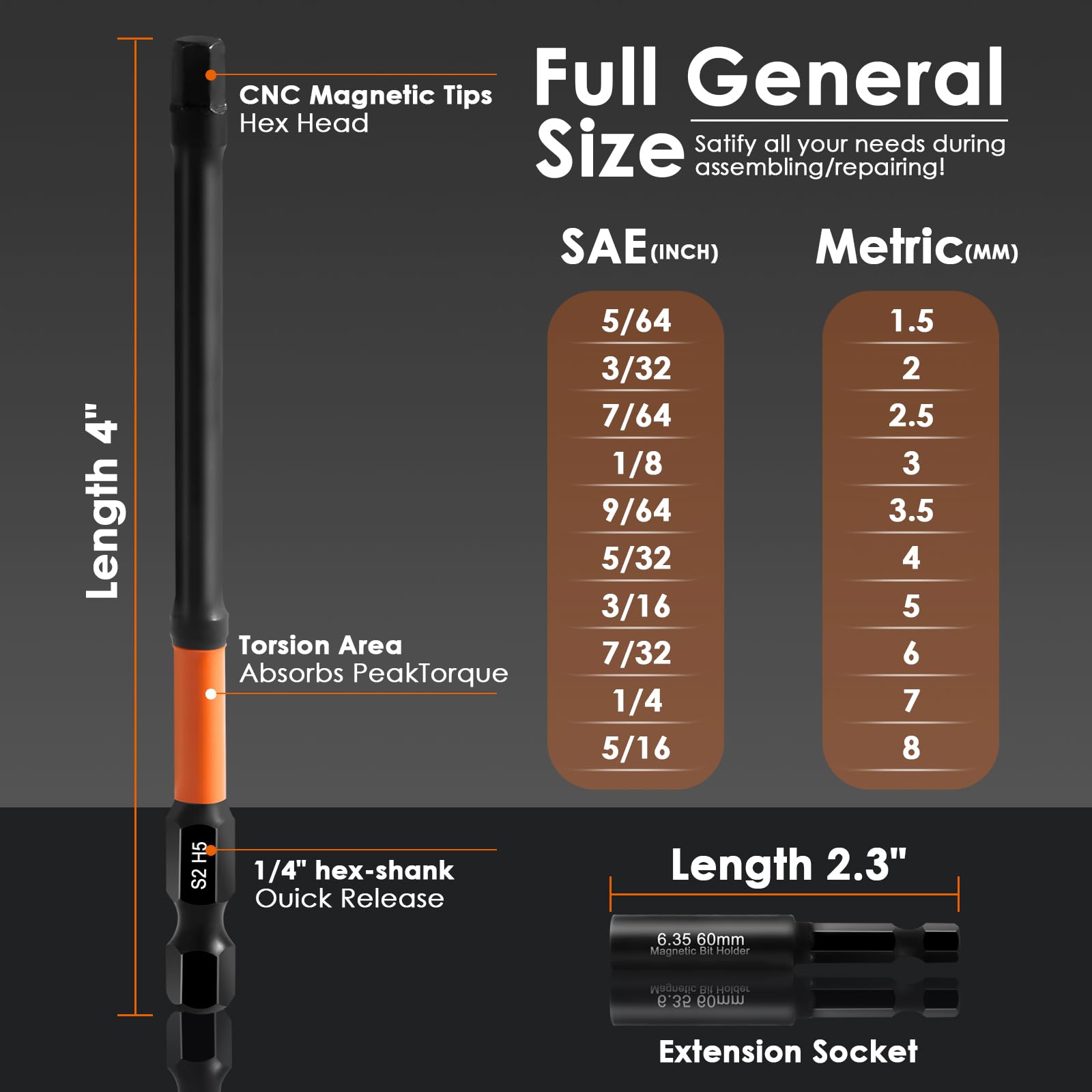 Nicofie Impact 4" Long Allen Wrench Drill Bit Set Hex Bit Set 20pcs (Metric&SAE), 1/4" Hex-Shank S2 Steel Hex Head, CNC Machined Tips with Extension Socket and Storage Box