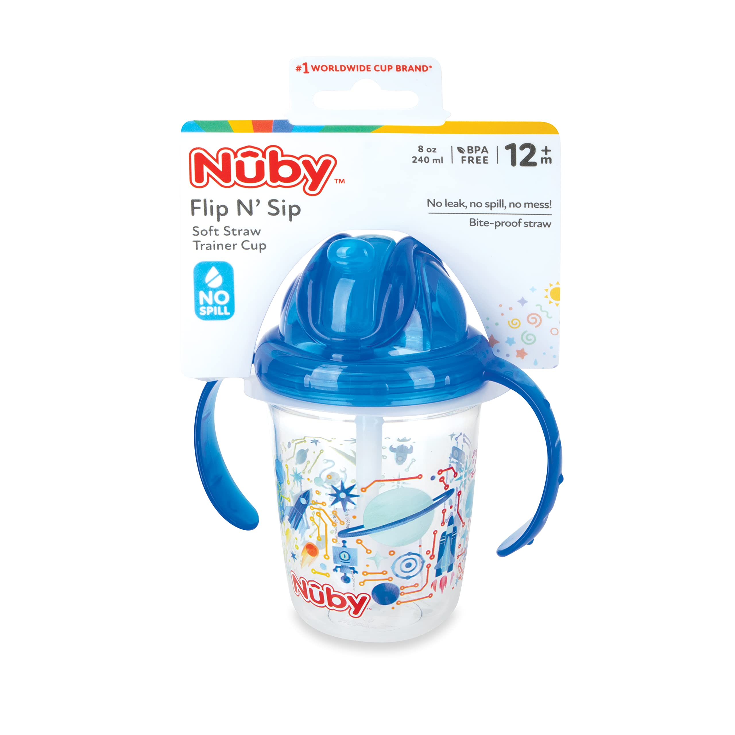 Nuby Tritan 2-Handle No-Spill Flip-it Fat Straw Printed Cup - 8oz/ 240 ml, 12+ Months, 1pk Prints May Vary