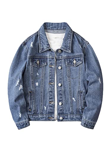 Verdusa Boy's Ripped Long Sleeve Button Front Denim Jacket Coat Outerwear Medium Wash 130