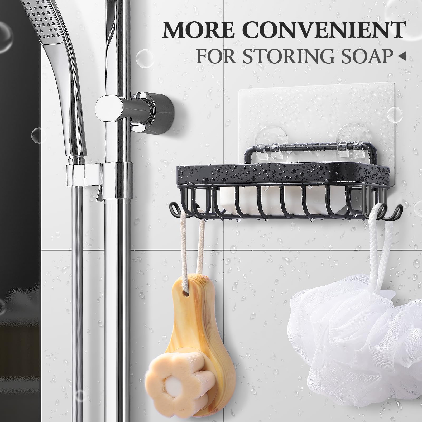 Soap Dish Holder for Shower Wall, 304 Stainless Steel Bar Soap Holder with Hooks for Bathroom, Sponge Holder for Kitchen Sink-Powerful Adhesive No Drilling