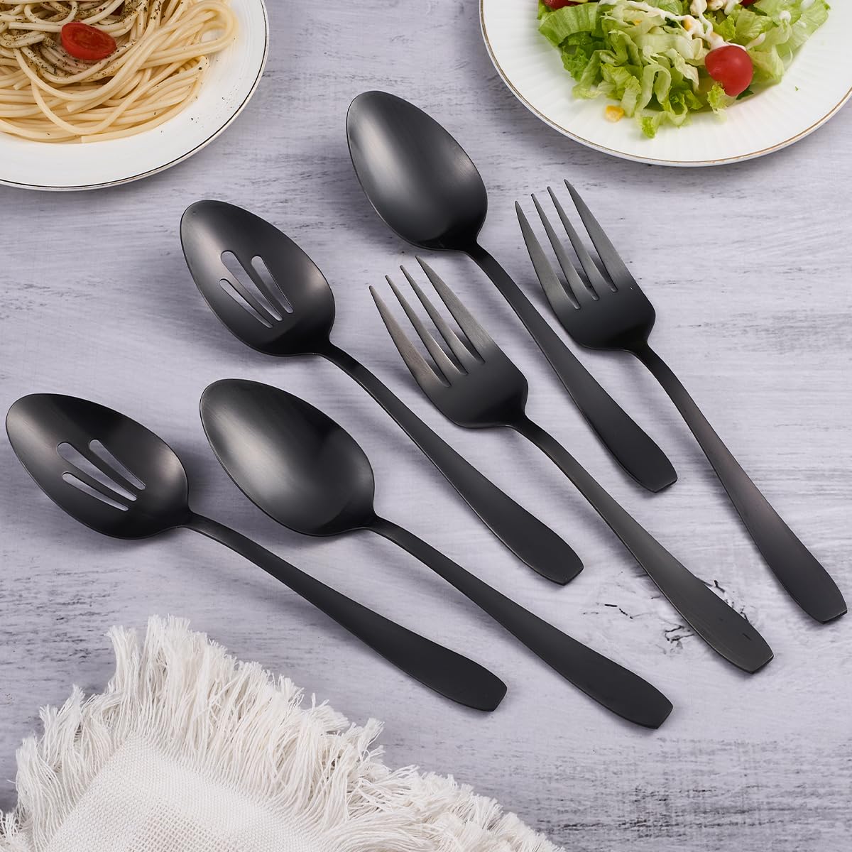 Seeshine Matte Black Serving Set, 4-Piece Stainless Steel Large Hostess Set Include Slotted Spoon Serving Spoon Serving Fork and Cake Server, Ideal for Buffets, Home, Gatherings, Restaurant