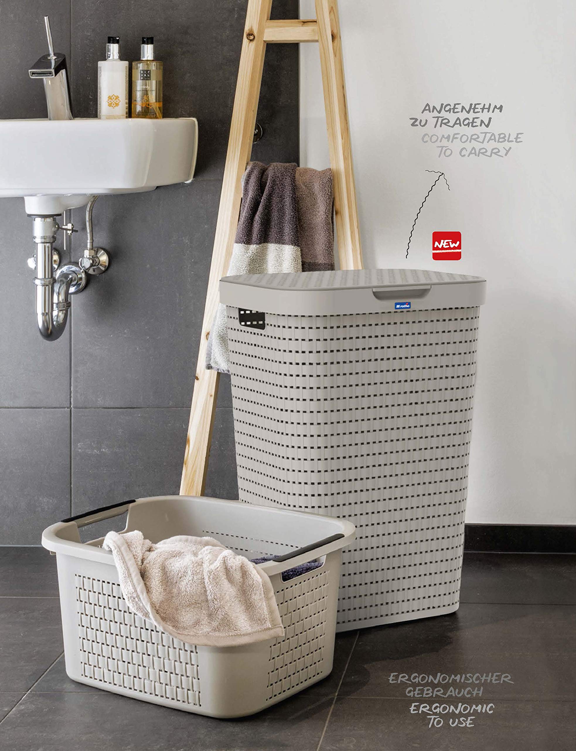 Rotho Country Laundry Basket lid in Rattan-Look, Plastic (PP) BPA-Free, Anthracite, 55l (42.0 x 32.2 x 57.7 cm), (42 x 32,2 x 57,7 cm)