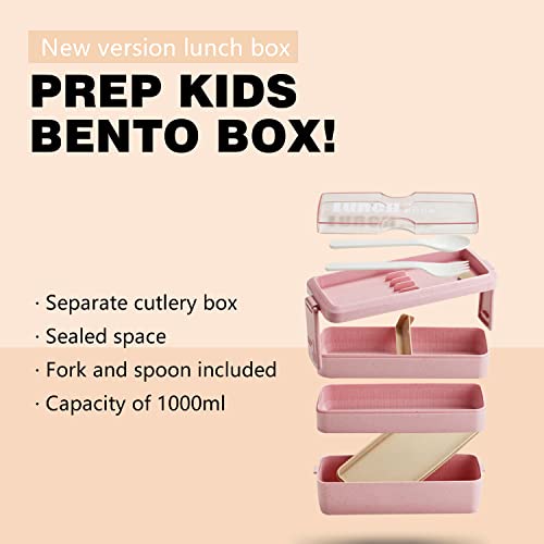 Sudreman Stackable Bento Box Japanese Lunch Box Kit with Spoon & Fork, 3-In-1 Compartment - Wheat Straw Meal Prep Containers -1000ml