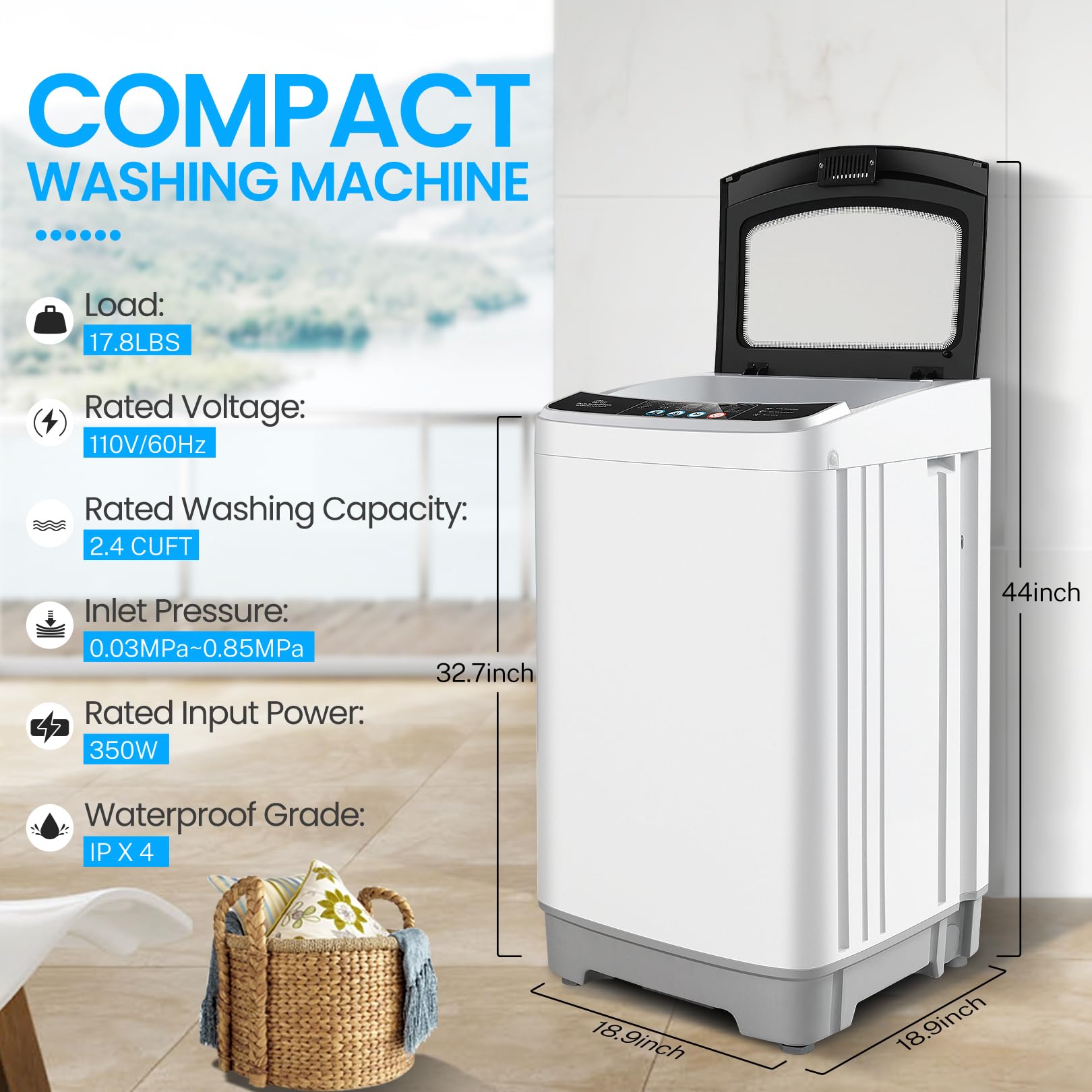 Nictemaw Portable Washing Machine 17.8 Lbs Full Automatic Portable Washer 2.4 Cu.ft Compact Laundry Washer with 10 Programs & 8 Water Levels, Glass Top Lid, Drain Pump, Ideal for Apartment, Home, RVs
