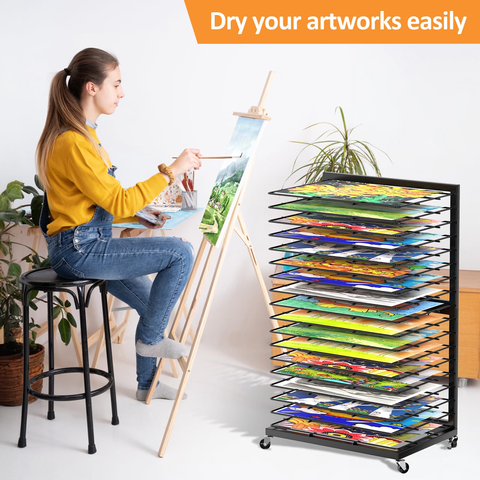 QKOSMTL Art Drying Rack for Painting, 18 Removable Shelves, Mobile Art Studio Display Rack, Sturdy Metal, Height 25.9", Shelves 11" x 16"