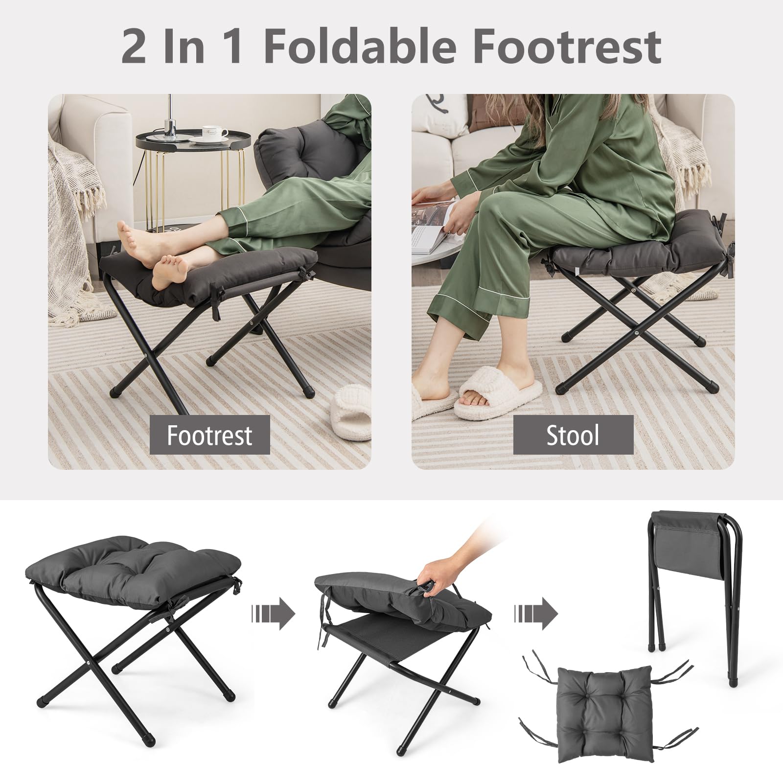 Giantex Lazy Chair with Ottoman, Accent Sofa Chair with Folding Footrest, Side Storage Pocket, Upholstered Leisure Lounge Armchair with Stool for Bedroom, Living Room, Office, Gray