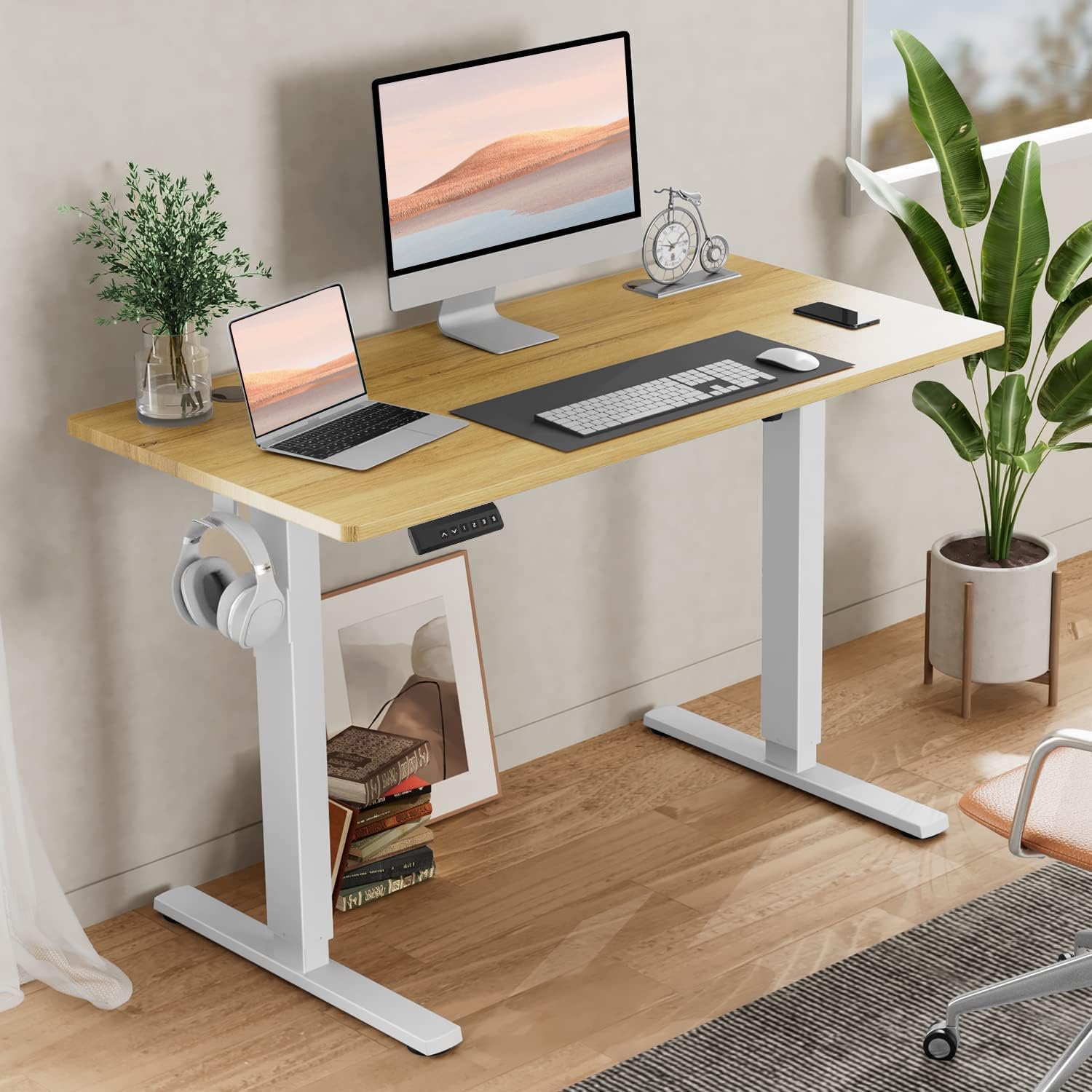 SMUG Standing Desk, Adjustable Height Electric Sit Stand Up Down Computer Table, 48x24 Inch Ergonomic Rising Desks for Work Office Home, Modern Lift Motorized Gaming Desktop Workstation, Maple