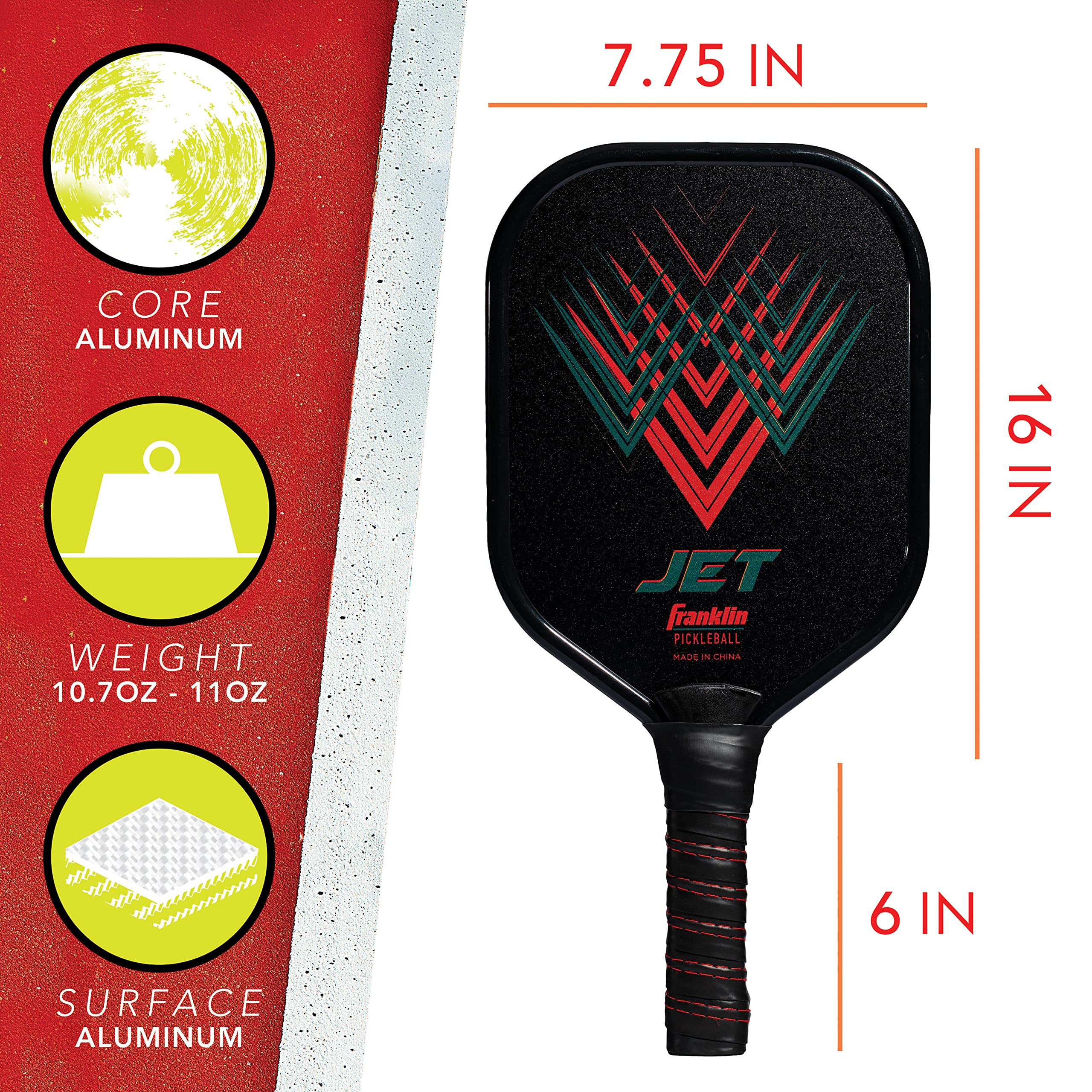Franklin Sports Pickleball Paddle - Titus + Jet Aluminum Plated Pickleball Paddles - USA Pickleball (USAPA) Approved Paddle - 8mm Thick Core,Red