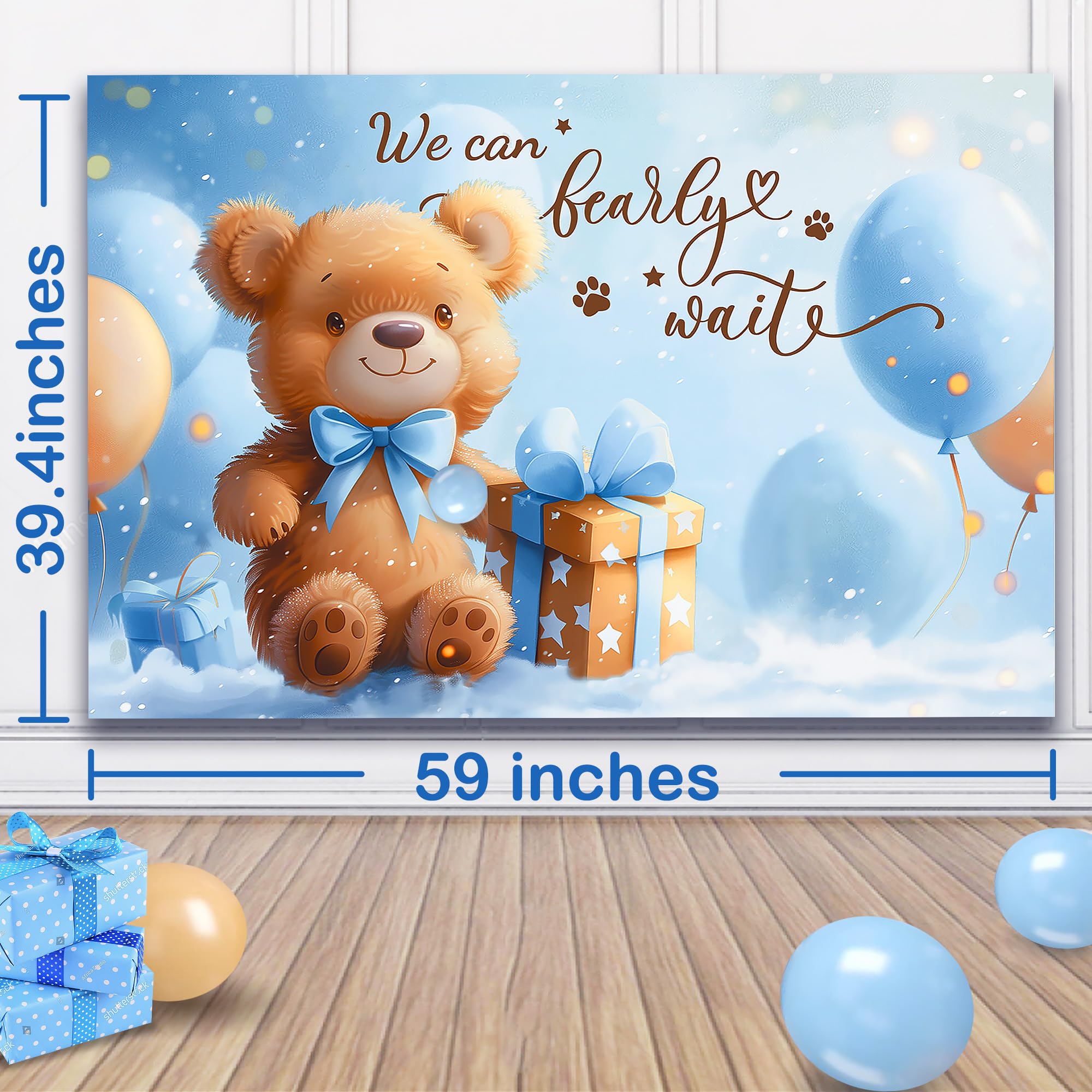Party Spot!Bear Baby Shower Decorations Boy,80 pcs Balloons,4 Wood Grain Blocks with Letter,"We can bearly wait" Backdrop,Banner,Tablecloth,Balloon Pump, Blue Brown Bear Theme