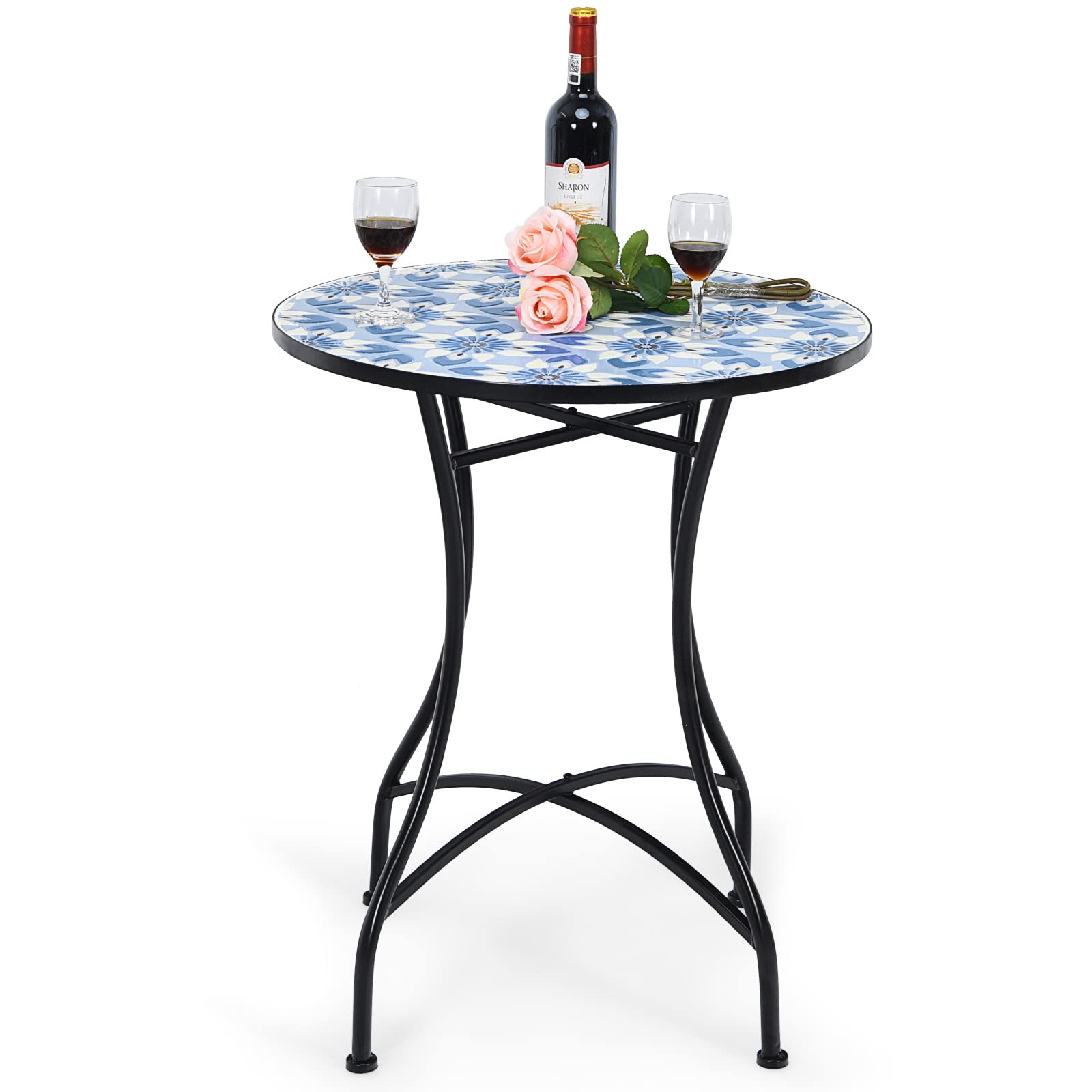 Giantex Mosaic Round Table, Outdoor Dining Table with Exquisite Floral Pattern and Ceramic Tile Tabletop, Plant Stand for Patio, Garden, Balcony, Backyard or Living Room Porch (Blue)