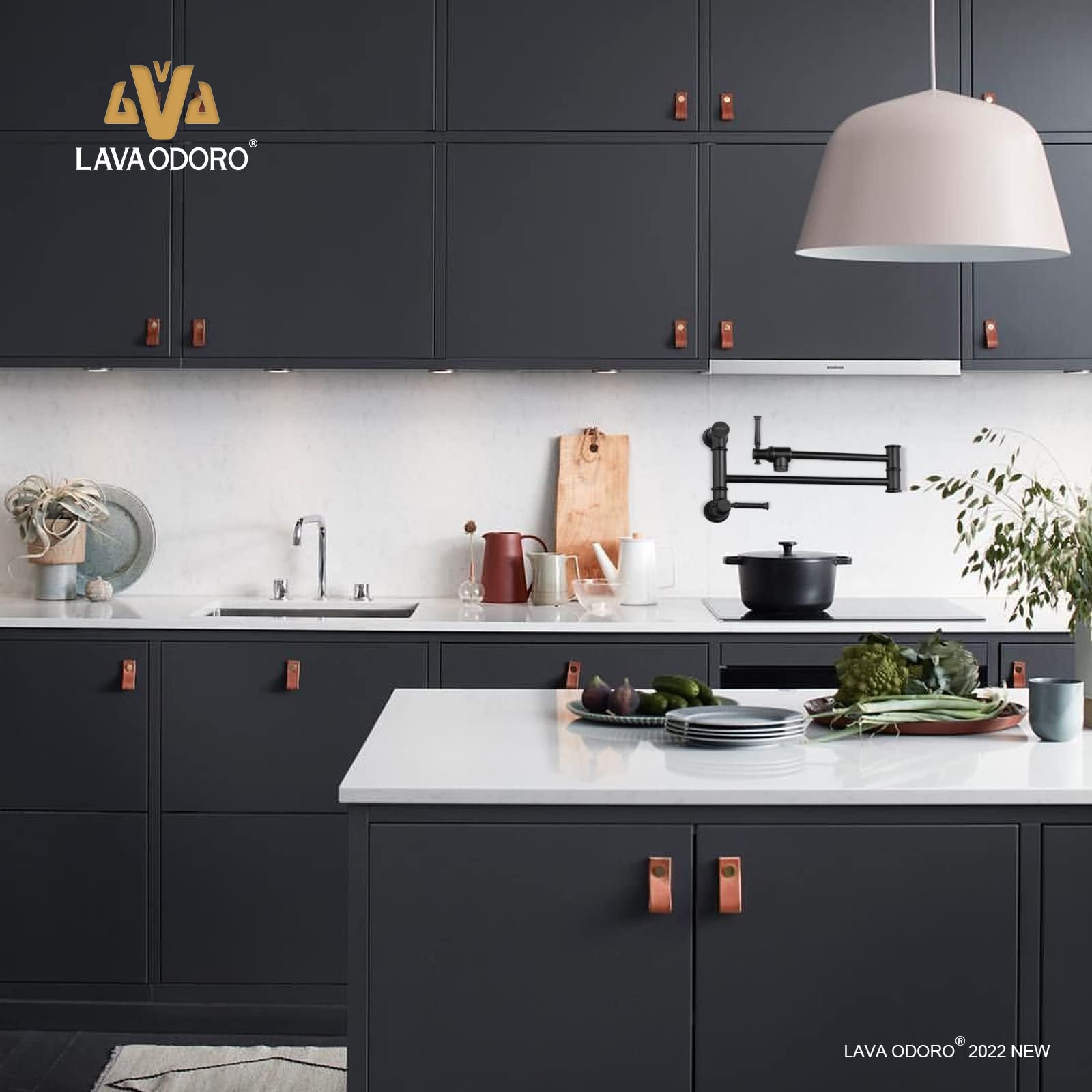 Lava Odoro Matte Black Pot Filler Faucet, Two Attachment Pot Filler, Contemporary Wall Mount Folding Kitchen Pot Filler with Swing Arm, PF312-MB