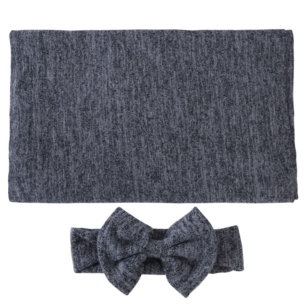 Newborn Baby Swaddle Blankets Headbands Bow Sets Receiving Blanket Stretchy Swaddle Sack for Baby Shower Infant Shower Gift (Black)