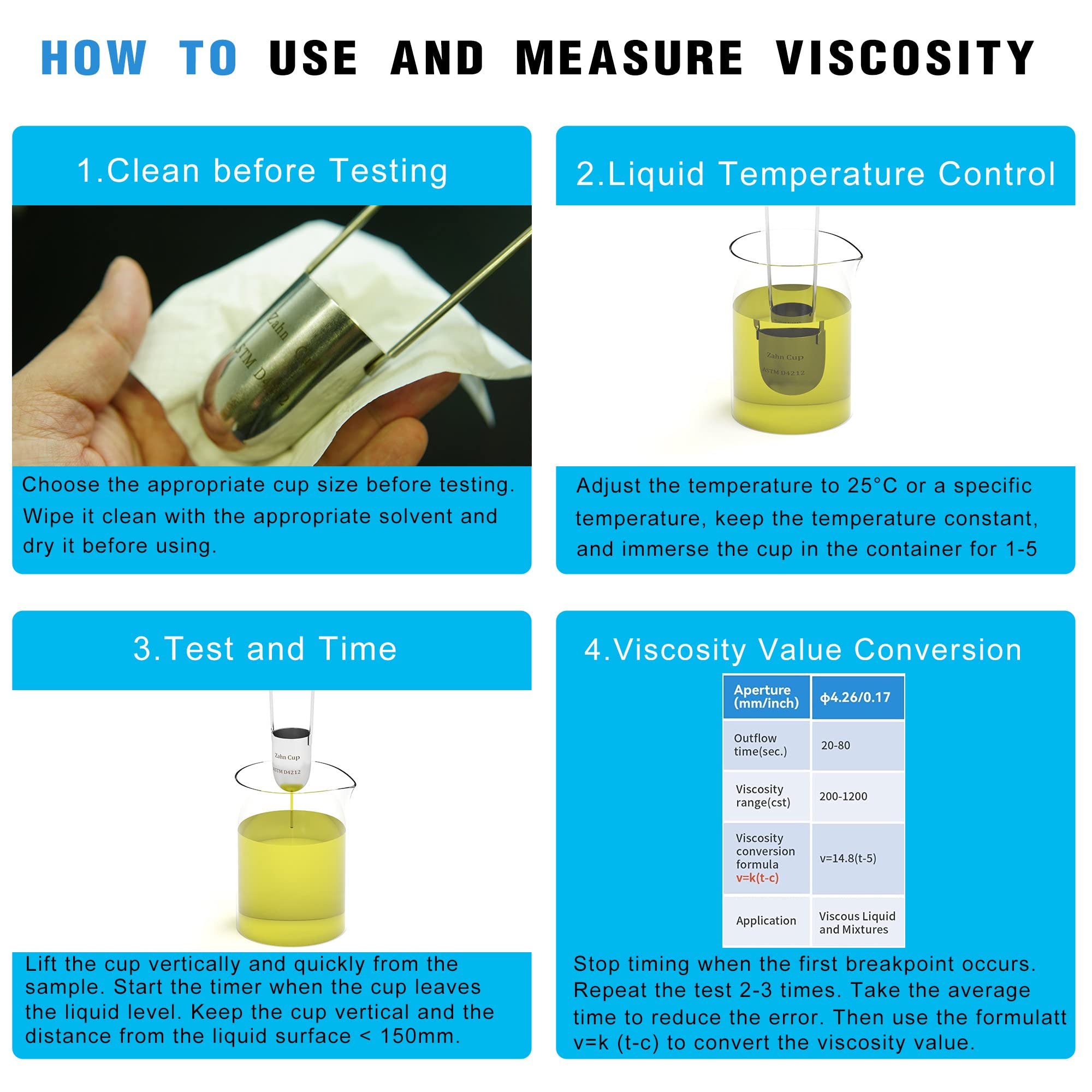 Viscosity Cup No. 4 Zahn Cup, 4 Viscometer Dip Type 44ml Viscosity Cup for Paint Sprayer, Stainless Steel Flow Cup for Oil Paint Finishes Honey Sauce