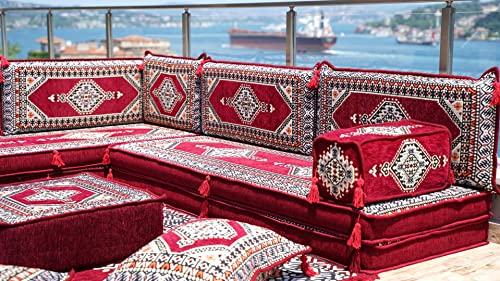 Maroon L Shaped Futon Sofa Bed, Corner Floor Couch, Sectional Sofas, Yoga Sofa Sets, Handmade Living Room Furniture, Sofa Covers (L Sofa + Rug + Poufs)