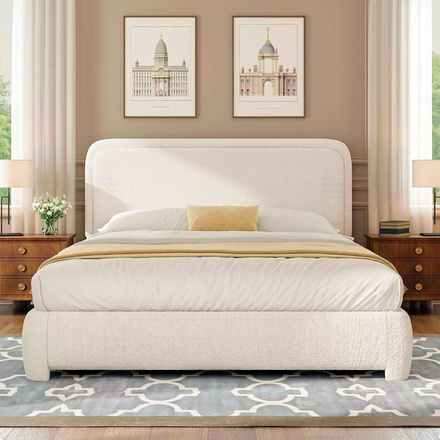 Queen Size Boucle Bed Frame with Headboard, Upholstered Platform Bed with Wood Slats, Soft Rounded Corners, No Box Spring Required, Easy Assembly, Cream