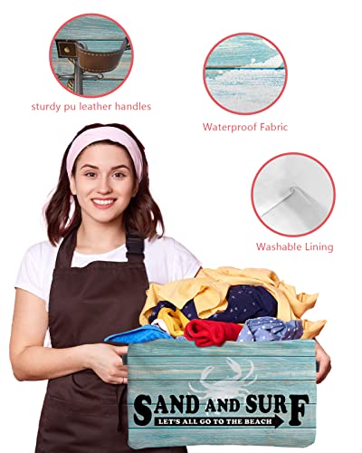 Summer Beach Crab Storage Basket Waterproof Cube Storage Bin Organizer with Handles, Anchor Nautical Sand and Surf Teal Wooden Collapsible Storage Cubes Bins for Clothes Books Toys 15"x11"x9.5"