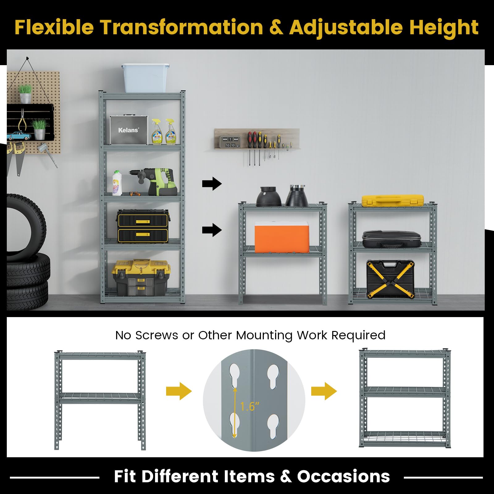 Tangkula 5-Tier Garage Storage Shelves, Heavy Duty Metal Storage Shelving Unit, Adjustable Utility Storage Rack Organizer for Warehouse Kitchen Pantry Basement, 27.5" L x 12" W x 66" H (1, Gray)